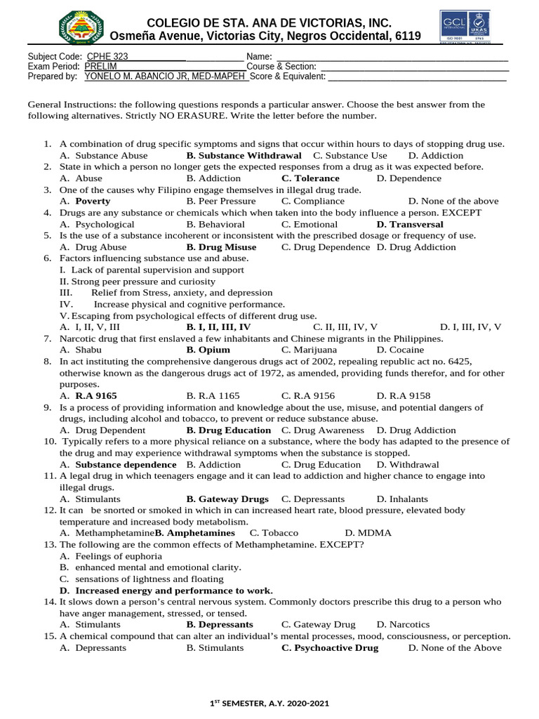 Cphe 323 Prelim Exam - Key Answer | PDF | Substance Abuse ...