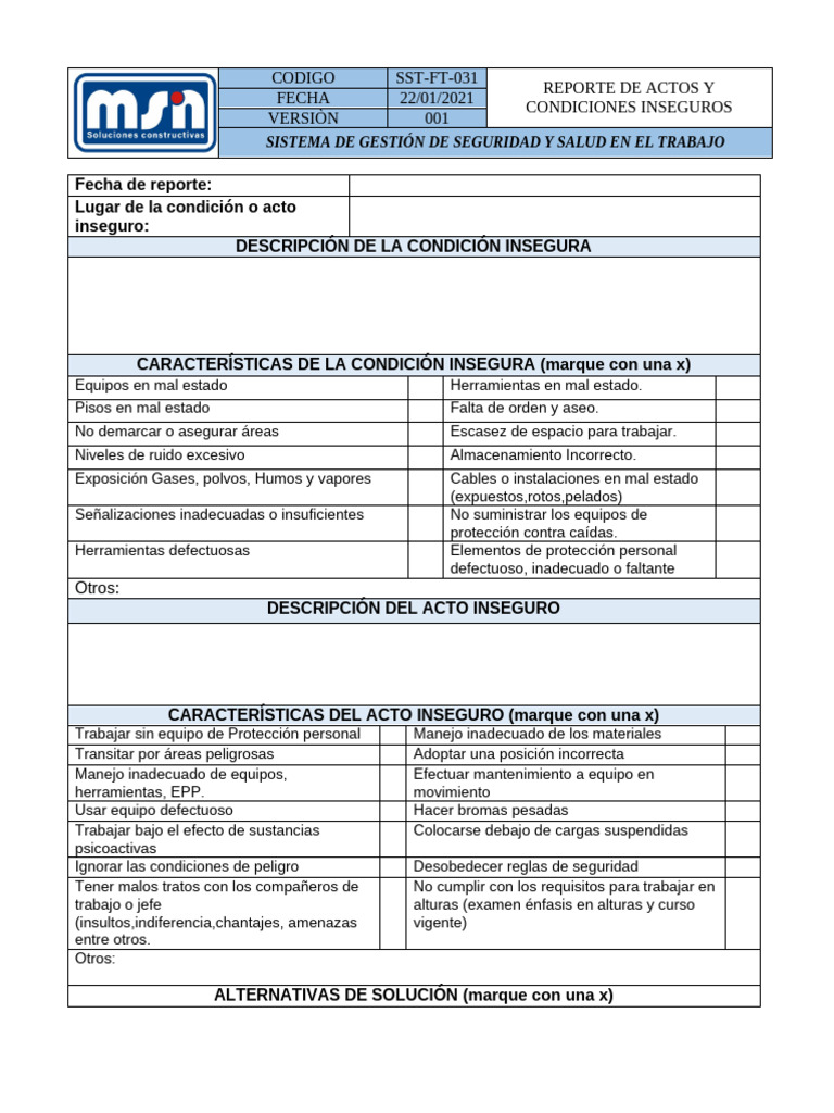 SST-FT-031 Reporte de Actos y Condiciones Inseguros | PDF