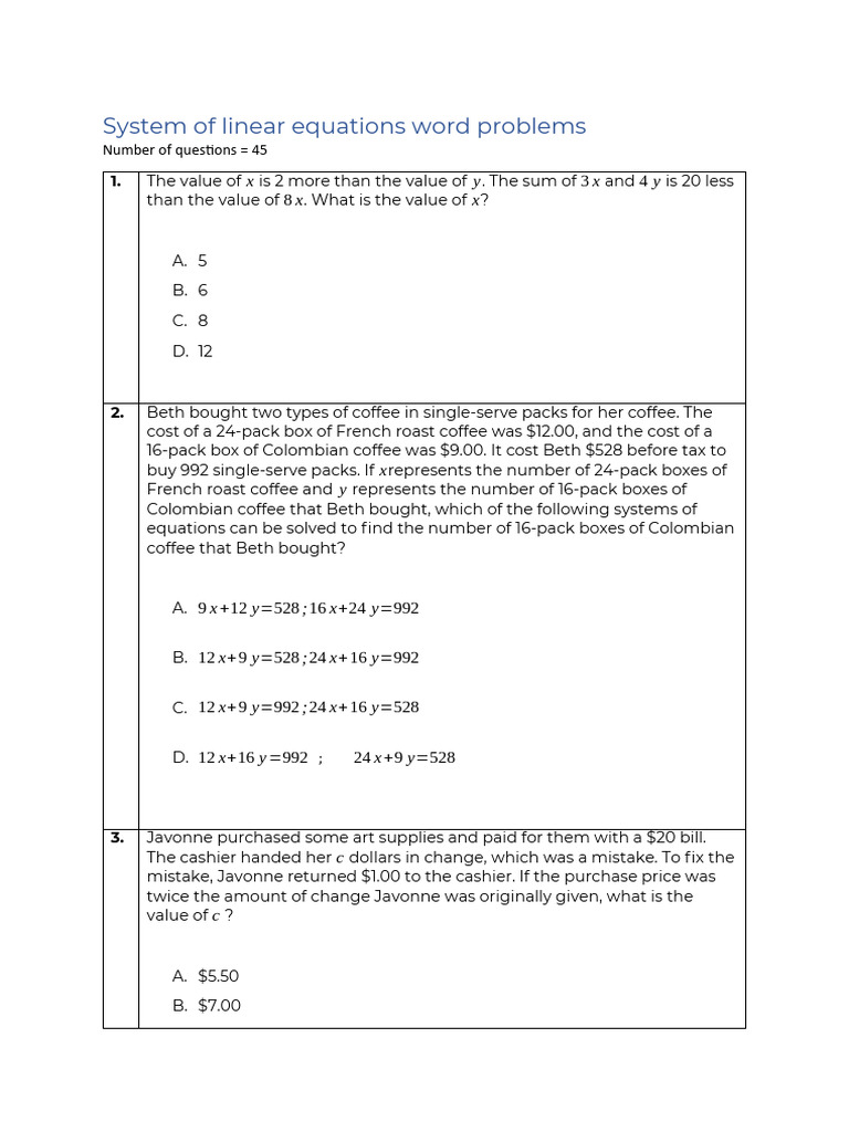 System of Linear Equations Word Problems QB (DONE) | PDF | Coffee | Prices