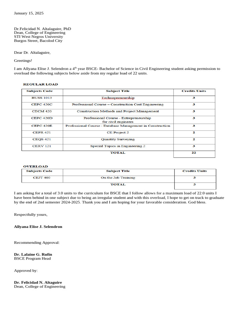 Sample Overload Letter | PDF
