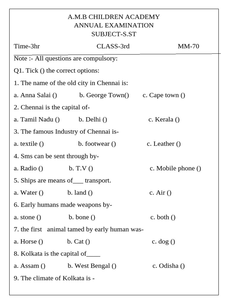 Class 3 S.ST Annual Exam 24 25 | PDF