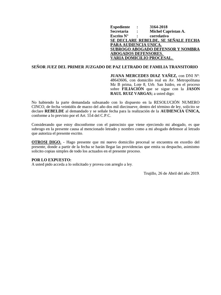 Declare Rebelde Señale Fecha Audiencia | PDF