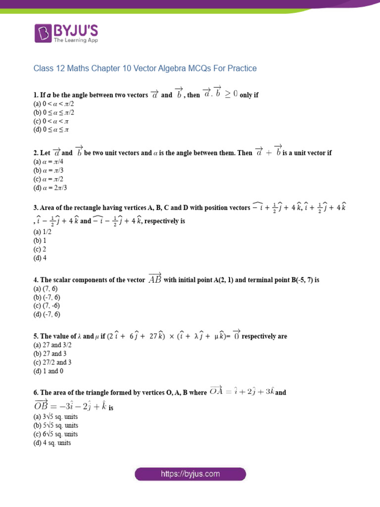 Class 12 Maths Chapter 10 Vector Algebra MCQs | PDF