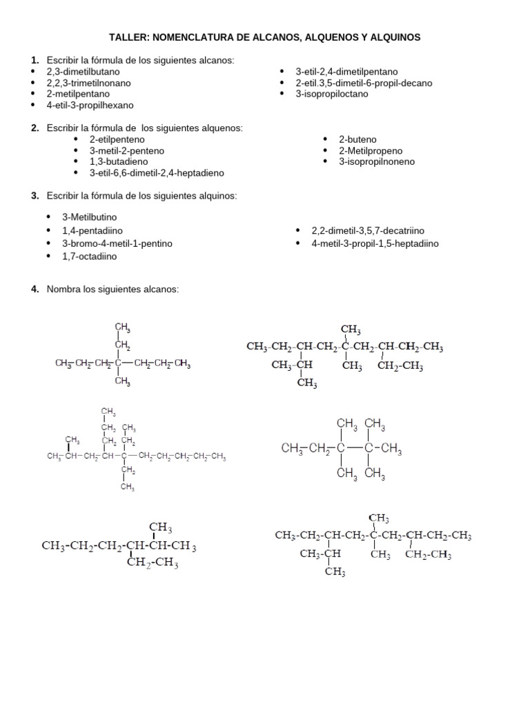 Taller Nomenclatura Alcanos Alquenos y Alquinos | PDF