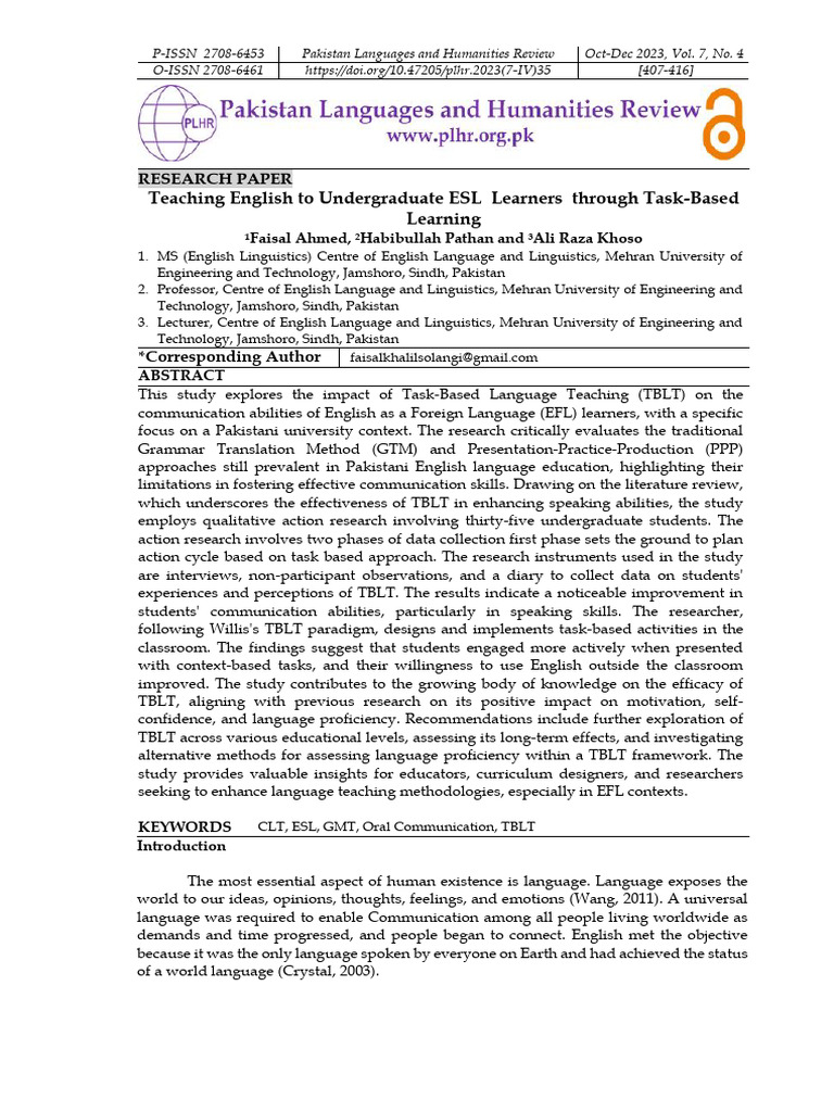 Teaching English To Undergraduate ESL Learners Through Task-Based Learning | PDF | English As A ...