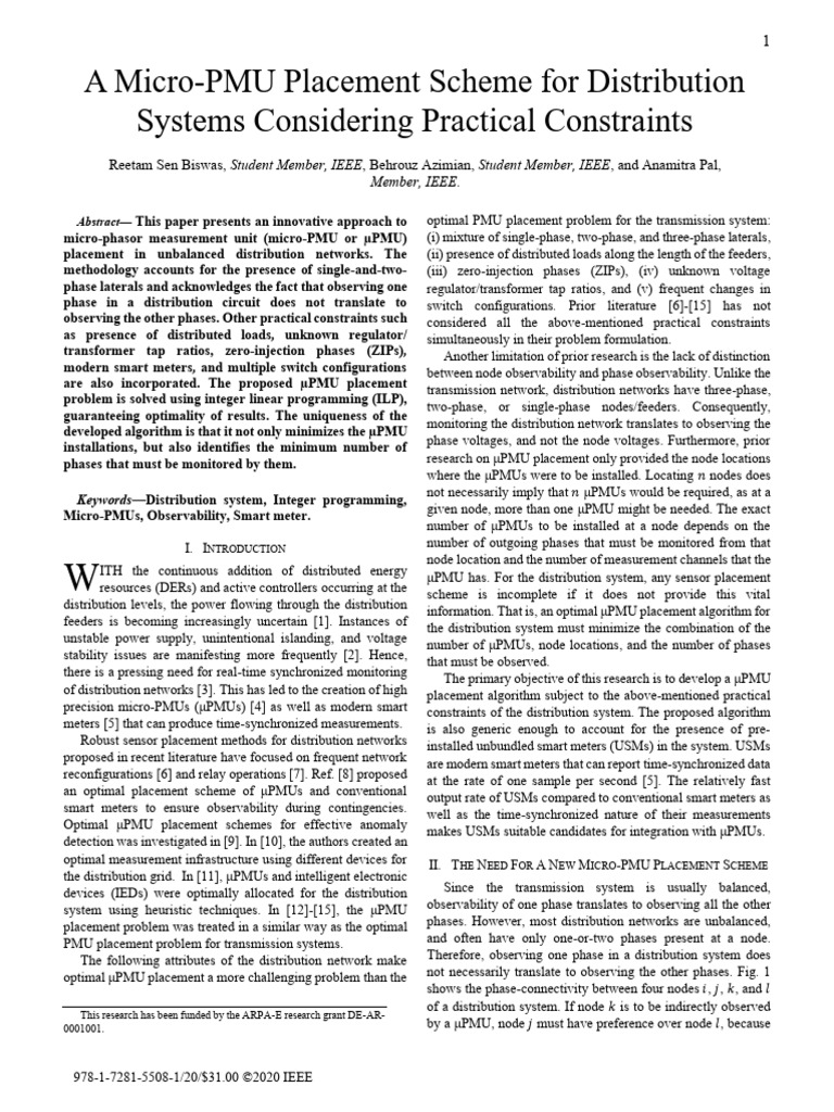 A Micro-PMU Placement Scheme For Distribution Systems Considering Practical Constraints | PDF ...