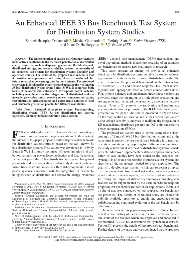 An Enhanced IEEE 33 Bus Benchmark Test System For Distribution System ...