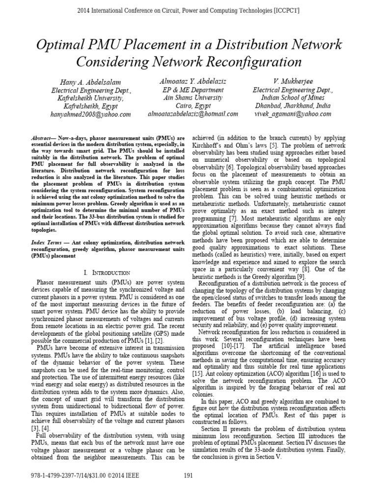 Optimal PMU Placement in A Distribution Network Considering Network Reconfiguration | PDF ...