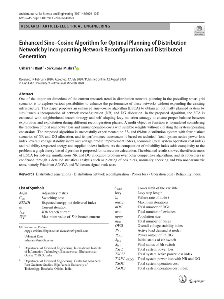 Enhanced Sine-Cosine Algorithm For Optimal Planning of Distribution Network by Incorporating ...