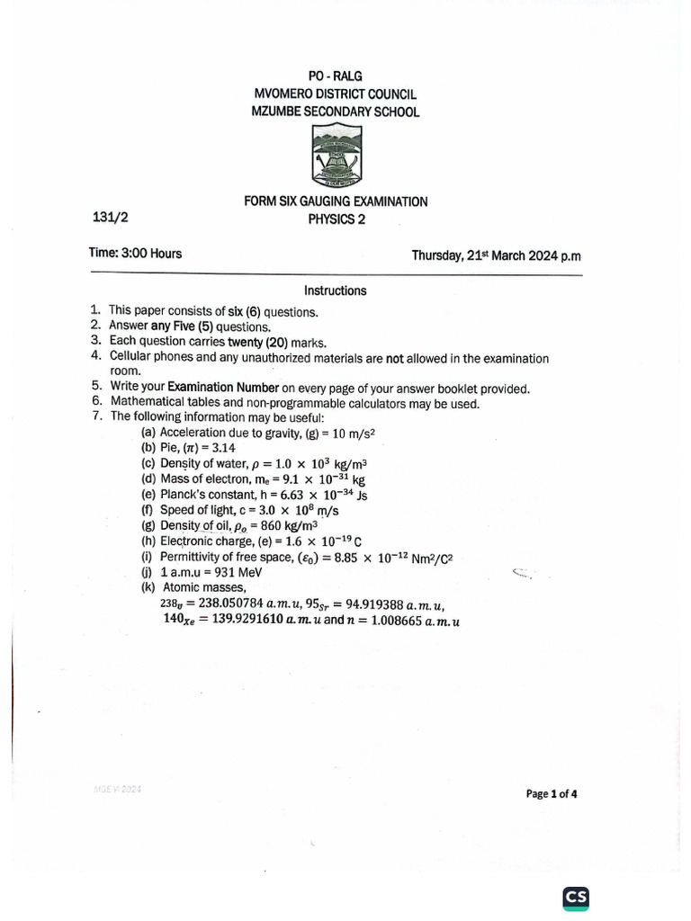 Mzumbe Gauging Physics 2 2024 | PDF