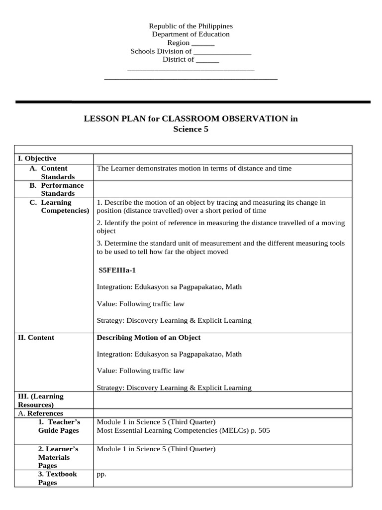 Science 5 Lesson Plan: Motion and Measurement | PDF | Speed | Learning