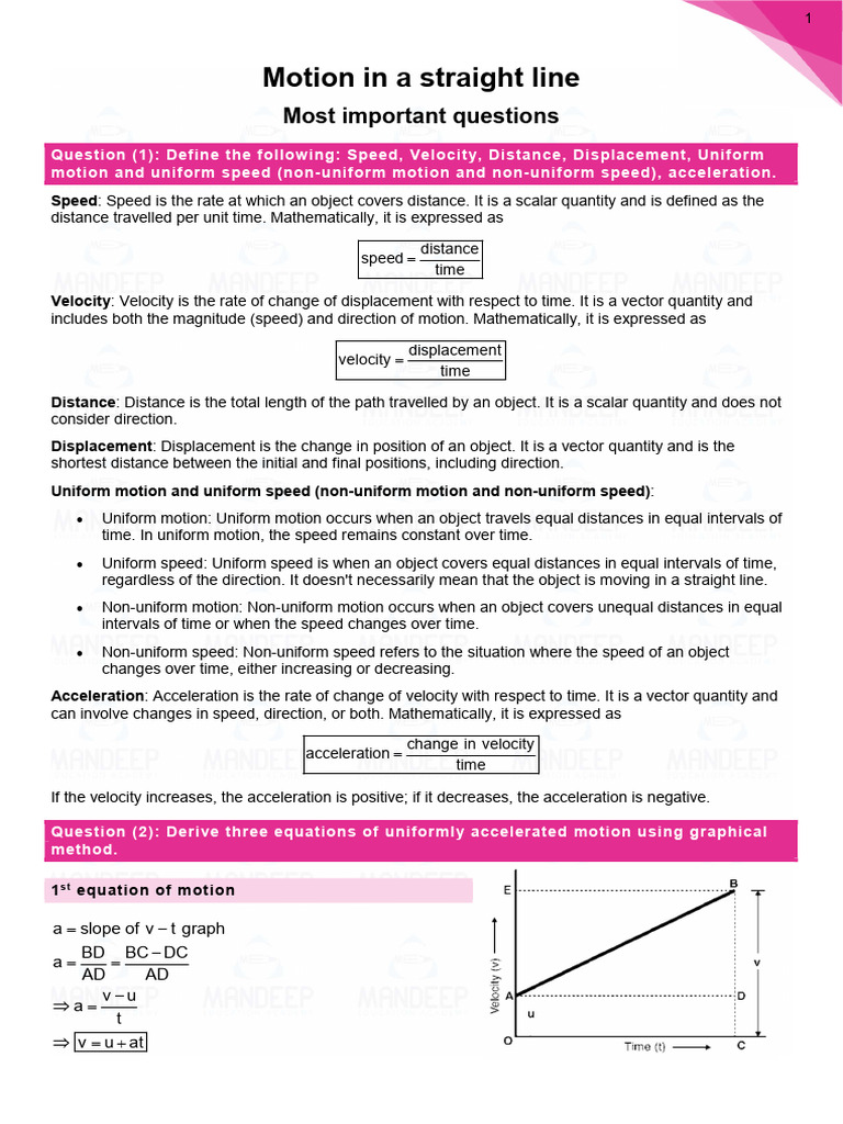 Motion in A Straight Line | PDF | Speed | Velocity