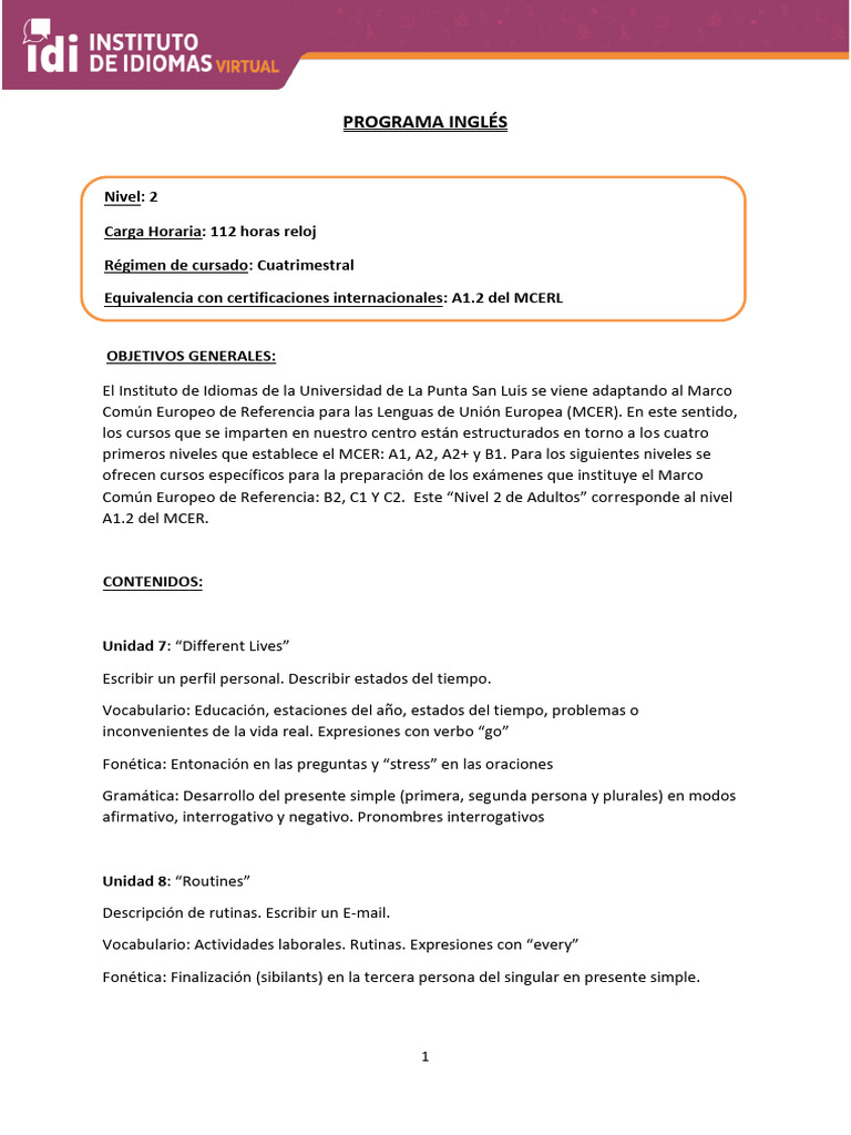 Programa Ingles Nivel 2 | PDF | Gramática | Idiomas