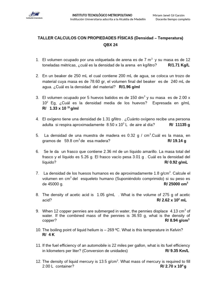 Cálculos de Densidad y Temperatura en Física | PDF | Densidad | Cantidad