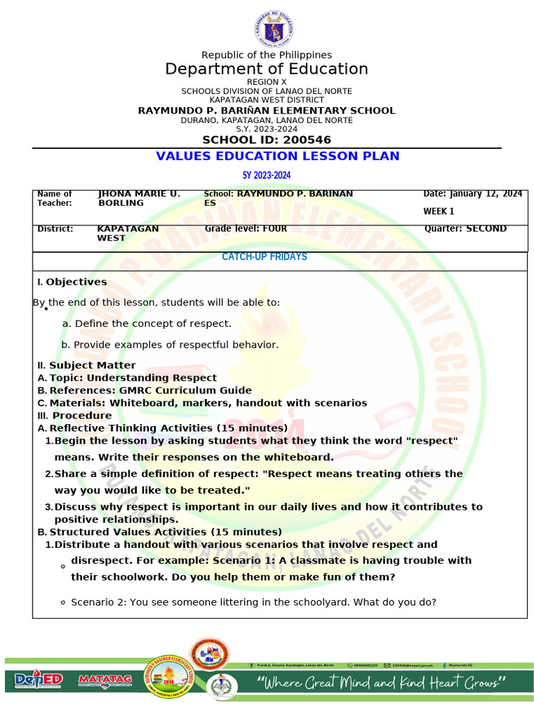 Values Education Lesson Plans for Grade 4 | PDF | Self Esteem | Lesson Plan
