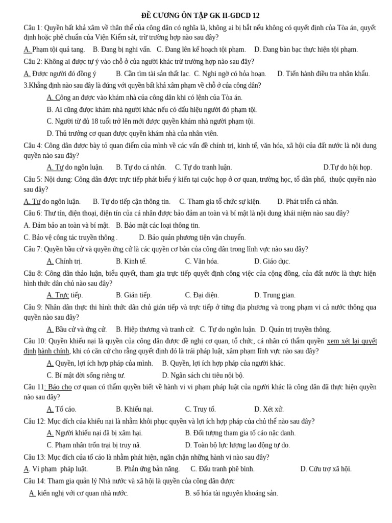 Đáp Án ĐỀ CƯƠNG ÔN TẬP GK k12 | PDF