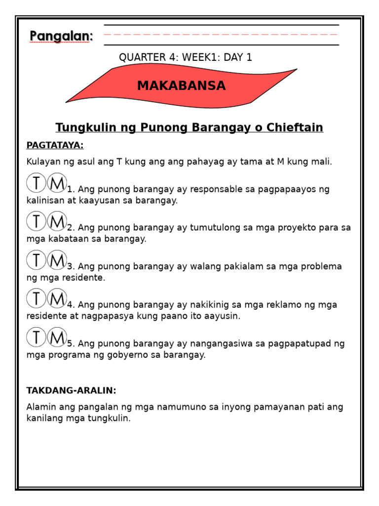 Worksheet Makabansa Q4 Week1 | PDF