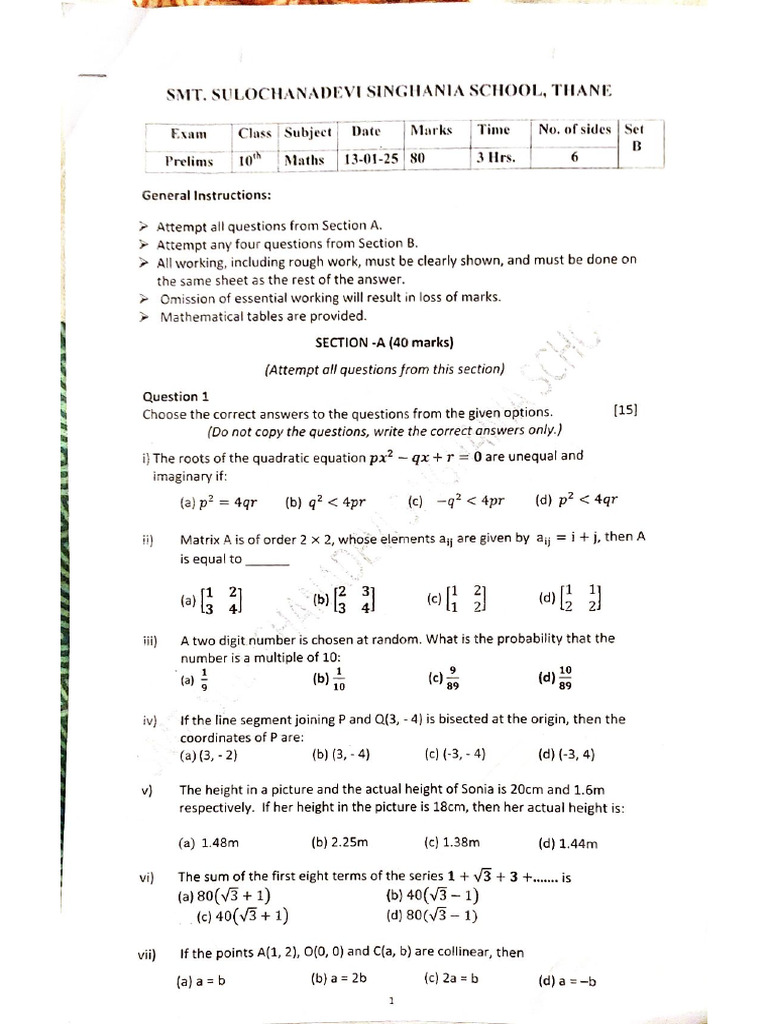 Sulochanadevi Singhania Prelim SET B 2025 Q.P + Solution | PDF