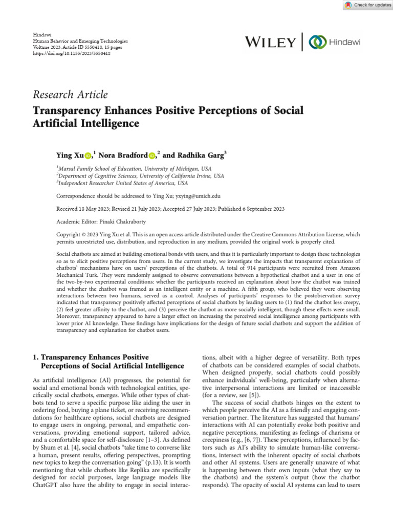 Human Behavior and Emerging Technologies - 2023 - Xu - Transparency ...