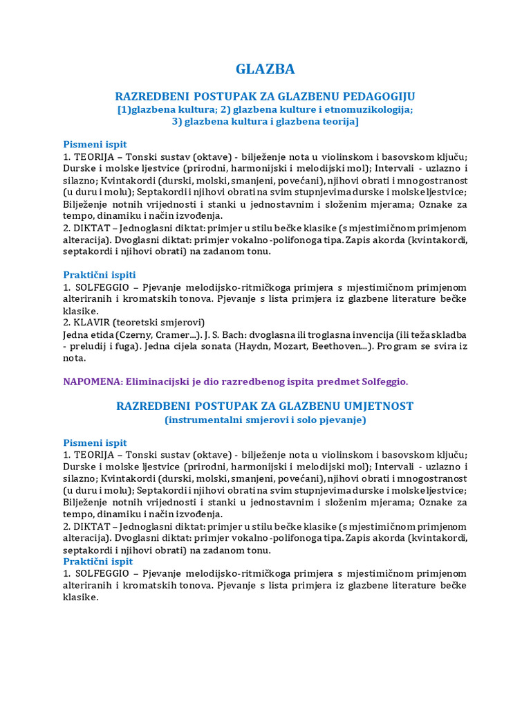 GLAZBA - Primjer Razredbenog Ispita | PDF