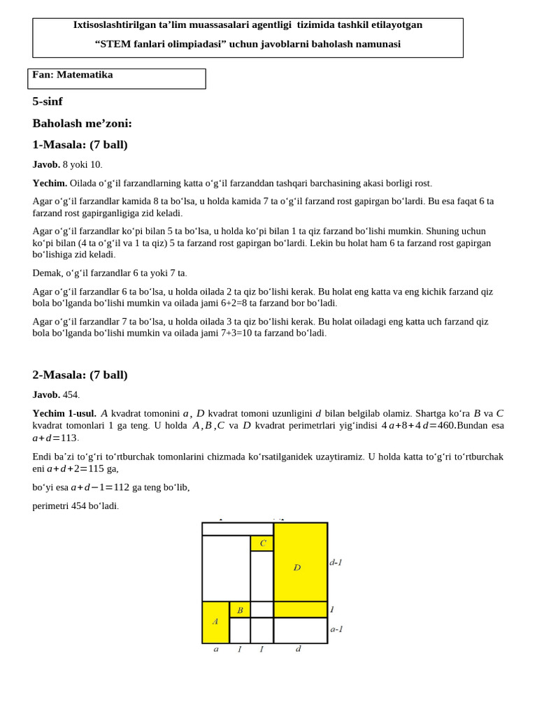 5 - Sinf Matematika Yozma Ish Baholash Mezoni Javoblari | PDF