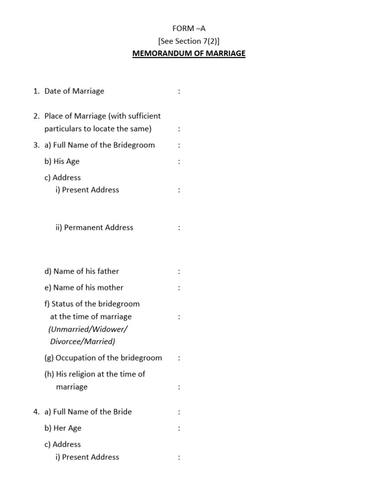 Marriage Memorandum Form Template | PDF