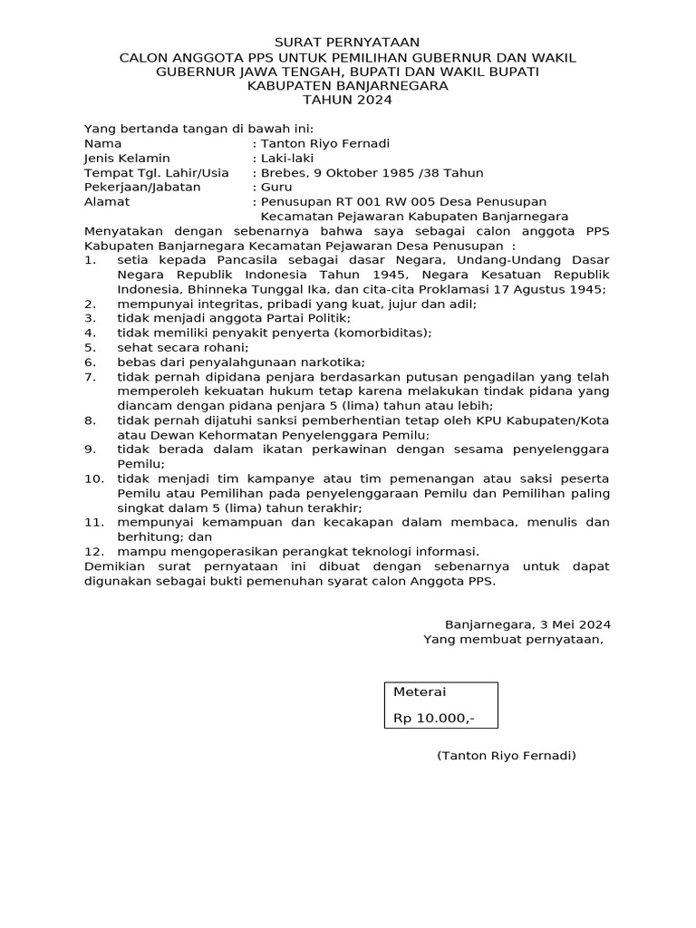 Surat Pernyataan Calon Anggota PPS 2024 | PDF