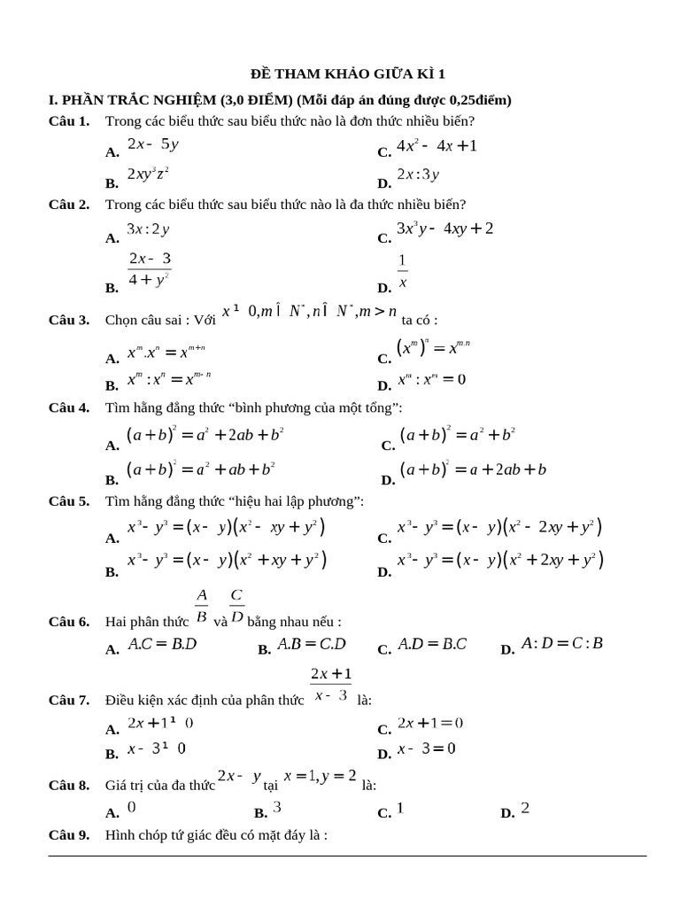 De Tham Khao GK1 - Toan 8 - Đề 12 | PDF