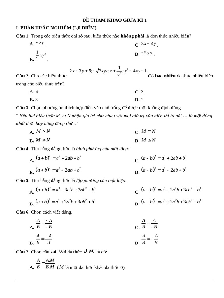De Tham Khao GK1 - Toan 8 - Đề 9 | PDF