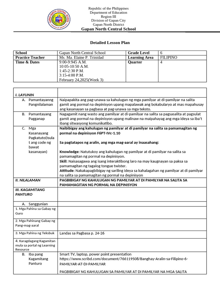 DLP Modified Filipino Pamilyaratdipamilyar | PDF