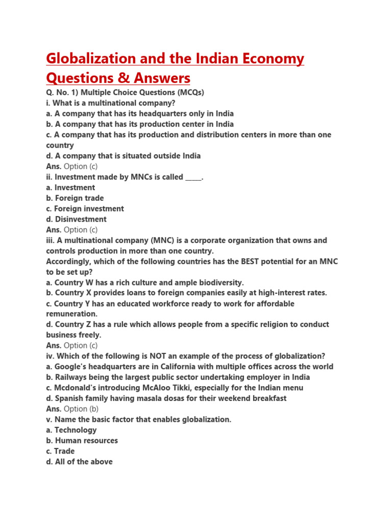 Globalization and The Indian Economy Questions | PDF | Globalization | Multinational Corporation