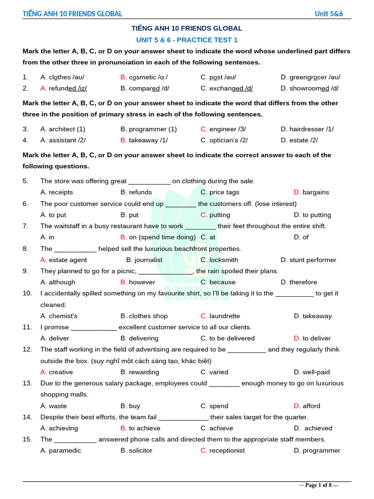 Friends Global 10 - Unit 5&6 - Test 1 | PDF | Recruitment