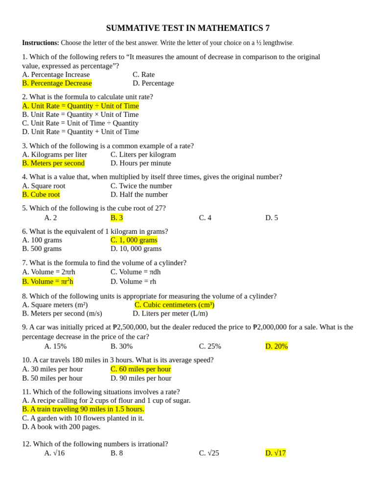 Summative Test in Mathematics 7 | PDF | Litre | Volume