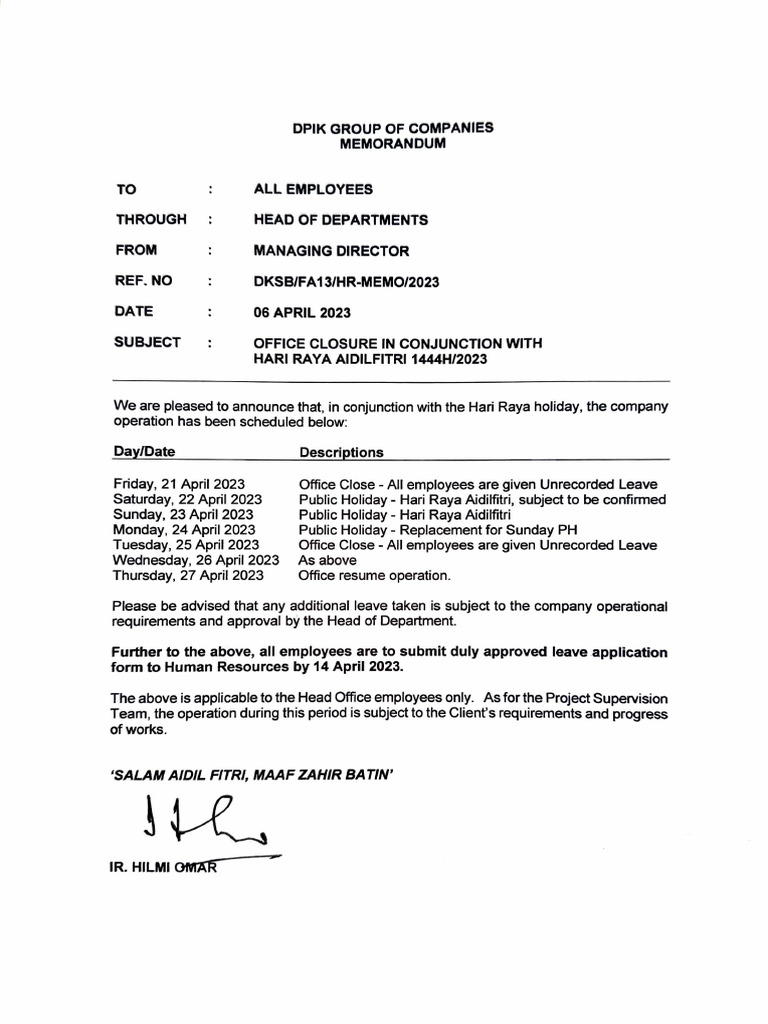Memo - Office Closure in Conjuction With Hari Raya | PDF