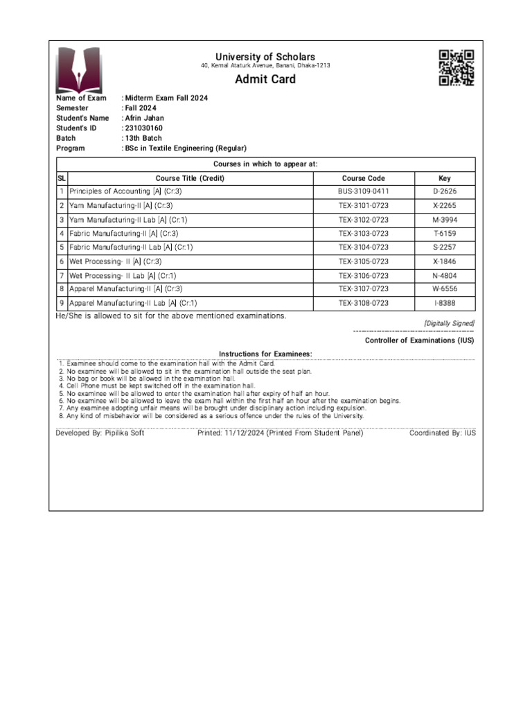 231030160_MidtermAdmitCard_202402 _ I-EMS - IUS | PDF | Textiles