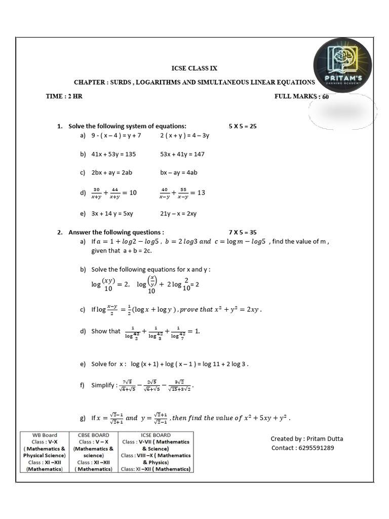 Icse Class Ix Surds, Logarithms, Simultaneous Linear Equations | PDF