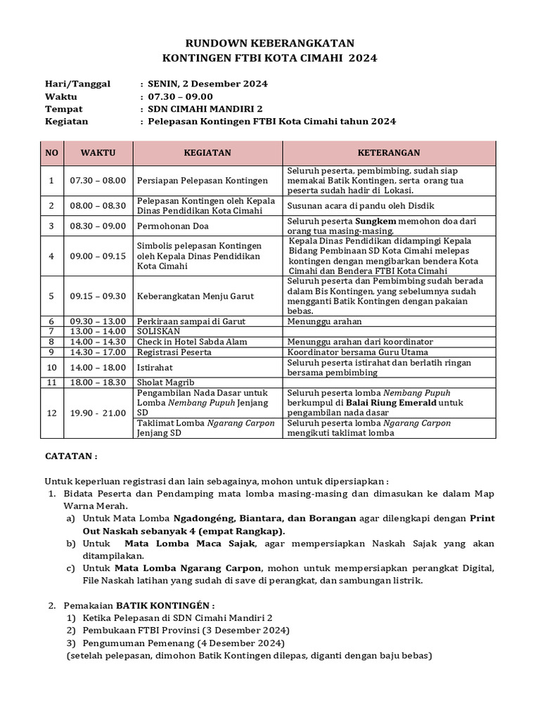 Rundown Kebarangkatan Kontingen-1 | PDF