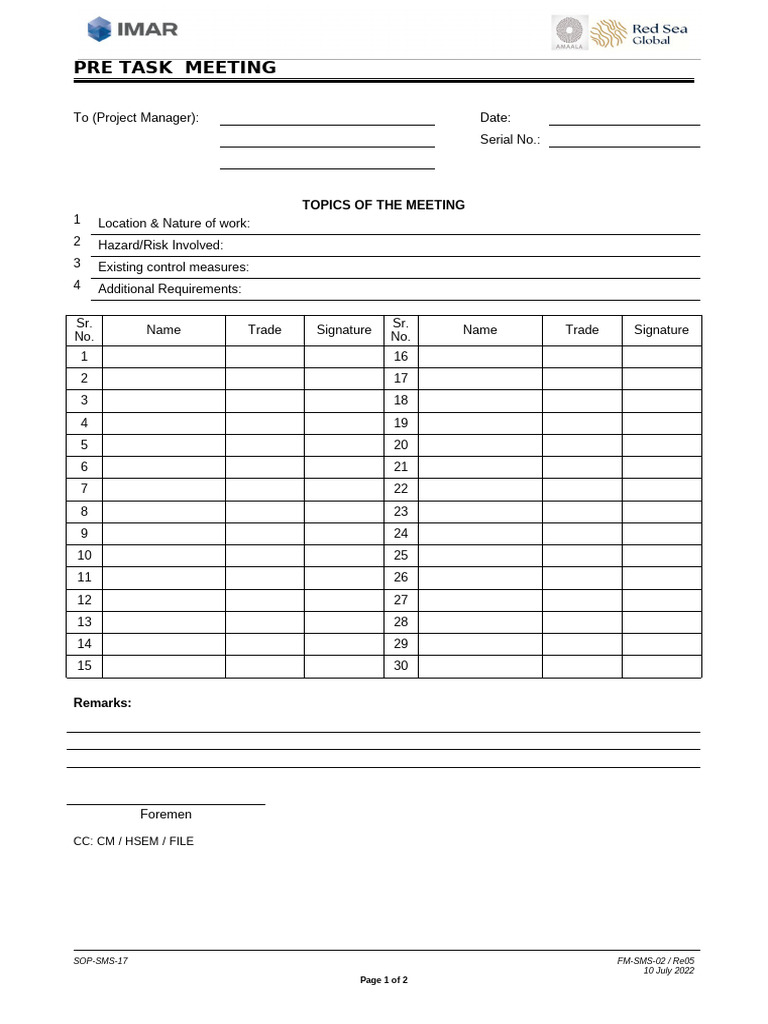 02- Pre Task Toolbox Meeting Form | PDF | Labor Relations | Safety