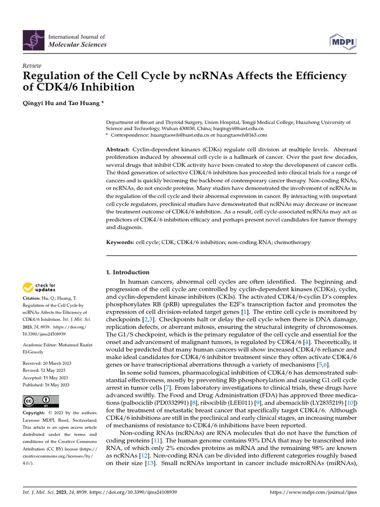 Regulation of the Cell Cycle by NcRNAs Affects the Efficiency of CDK4-6 ...