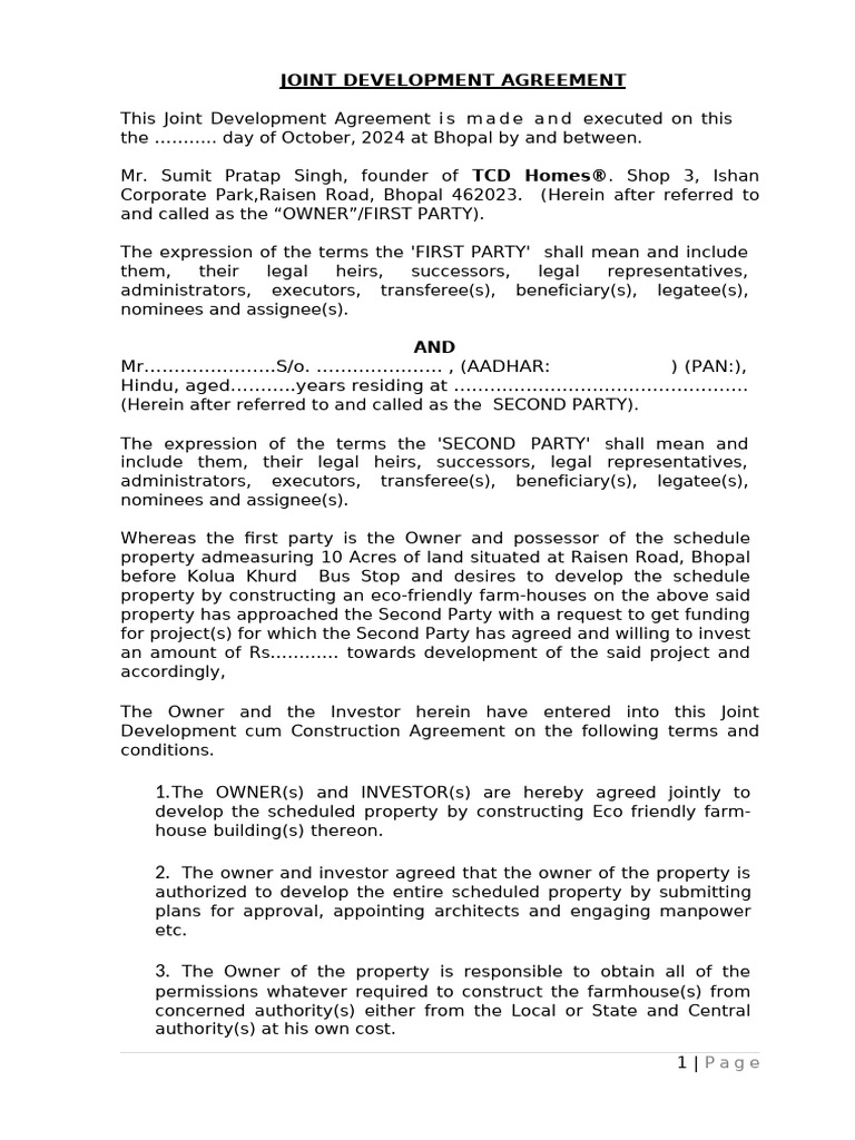 Joint Development Agreement for Eco-Friendly Farmhouses | PDF | Deed ...