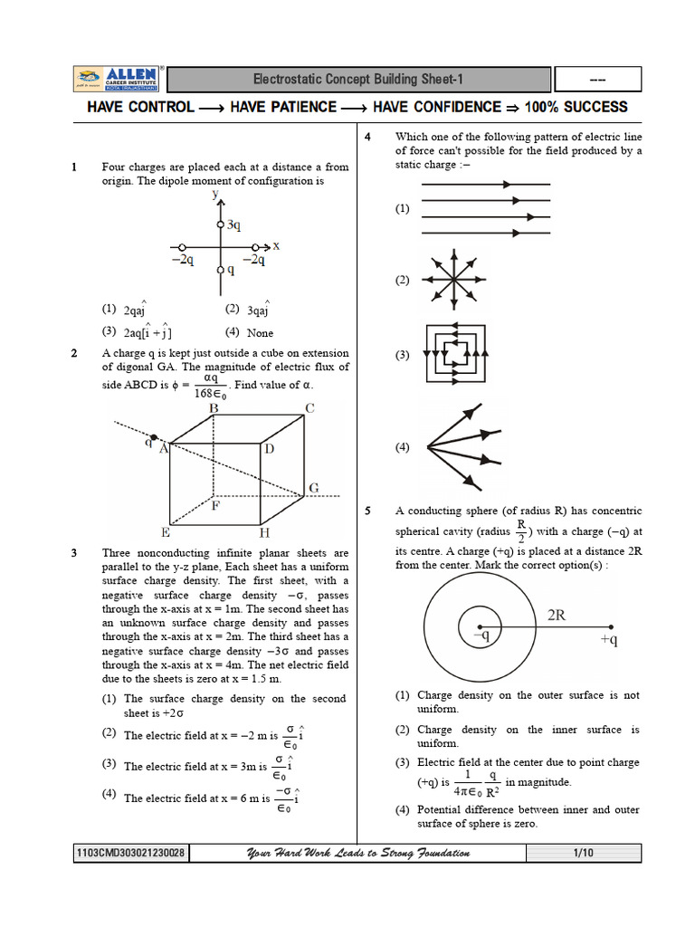 Electrostatic Concept Building Sheet-1 Paper | PDF | Electric Field ...