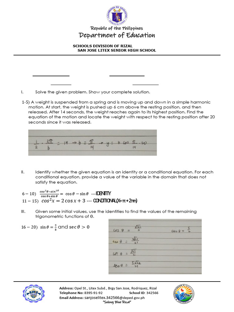 Supp Exercises in Pre-Calculus No. 7 - 2nd Q | PDF | Equations ...