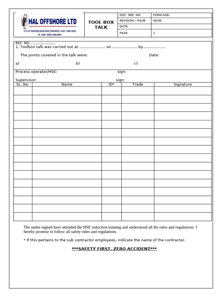 Toolbox Talk Attendance Record | PDF