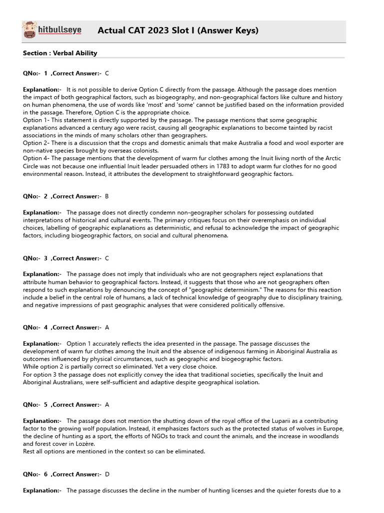 CAT 2023 Slot I Answer Key Insights | PDF | Mind | Thought