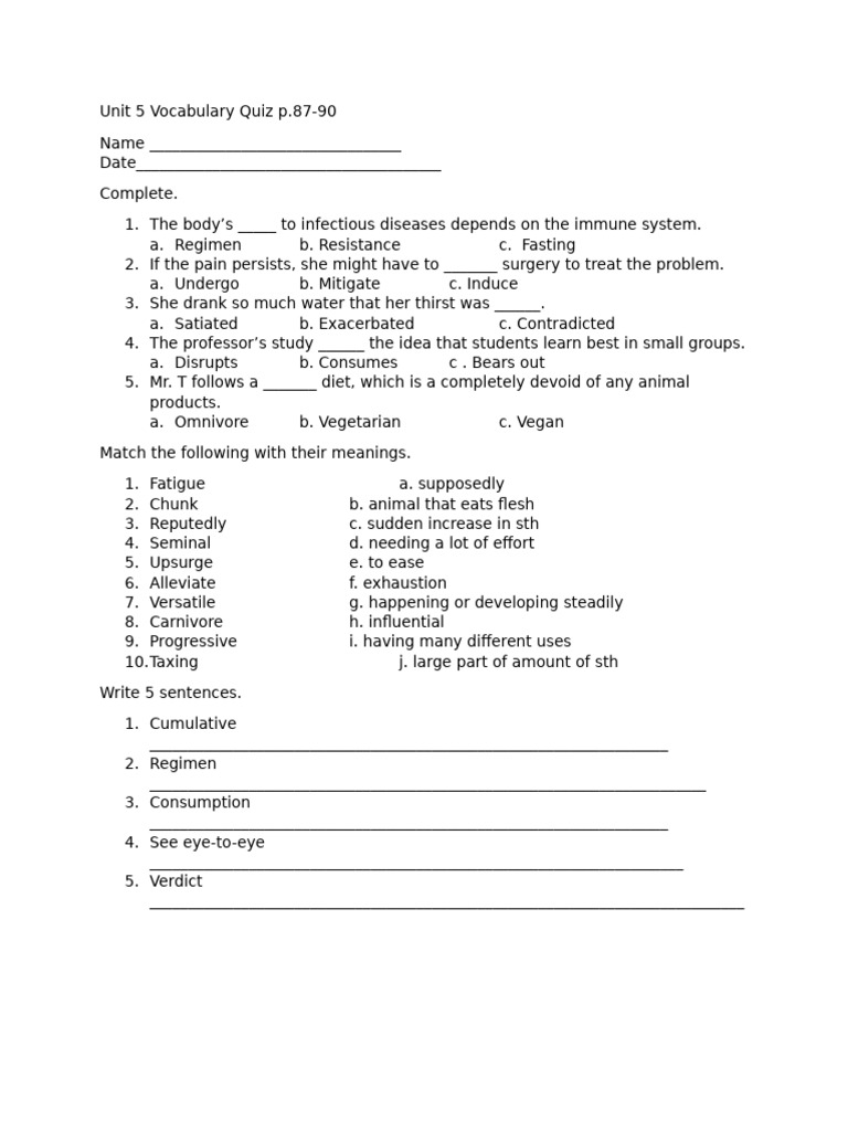 Unit 5 Vocabulary Quiz Answers | PDF