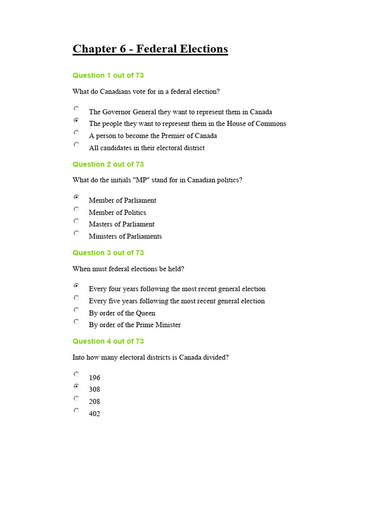 Chapter 6 - Federal Elections (73 Questions) | PDF | Voting | Elections