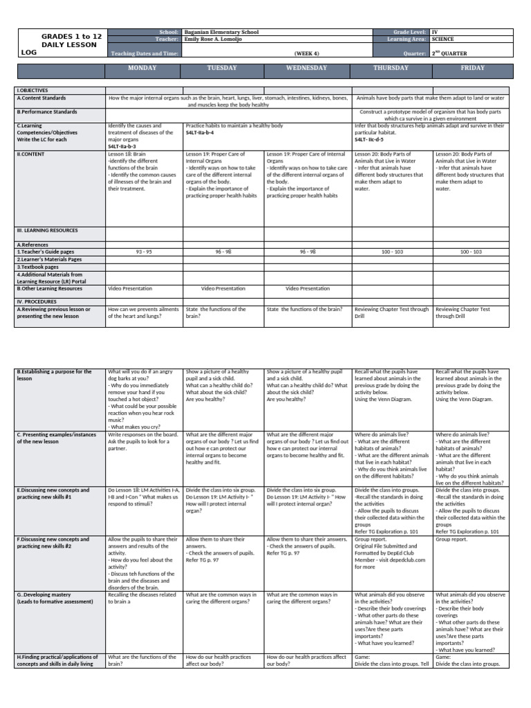 Copy of DLL - SCIENCE 4 - Q2 - W4 | PDF | Learning | Cognition