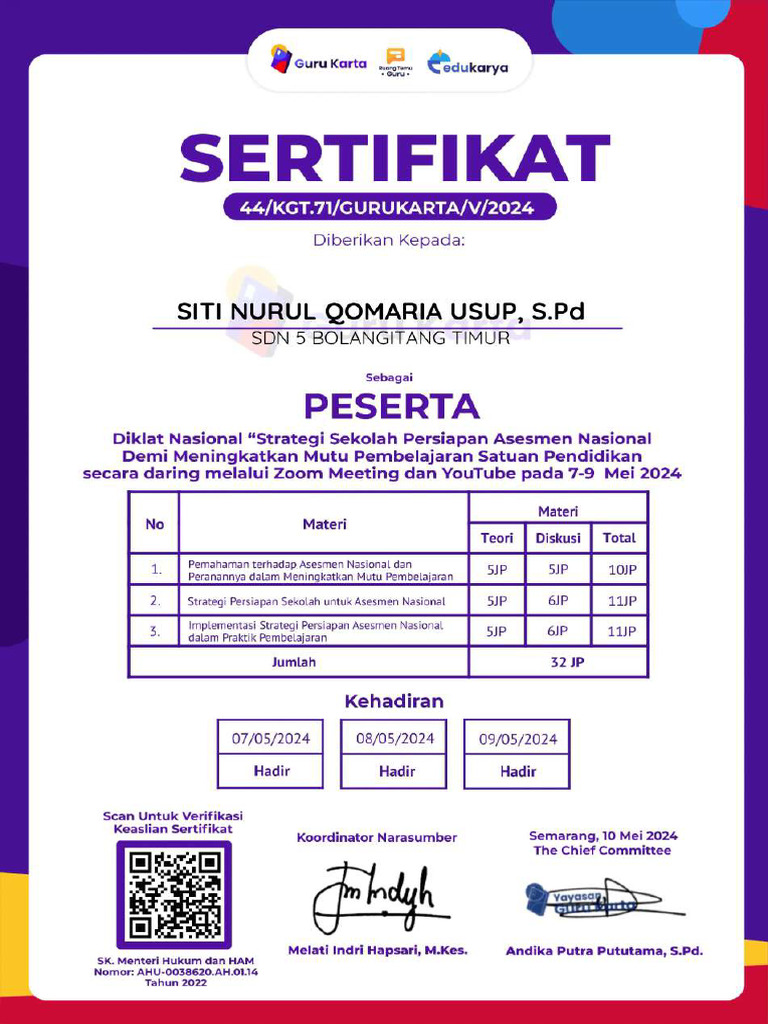 Sertifikat Siti Nurul Qomaria Usup 3 | PDF