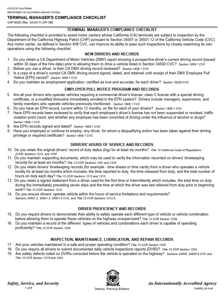 CHP800D Terminal Managers Compliance Checklist | PDF | Department Of ...