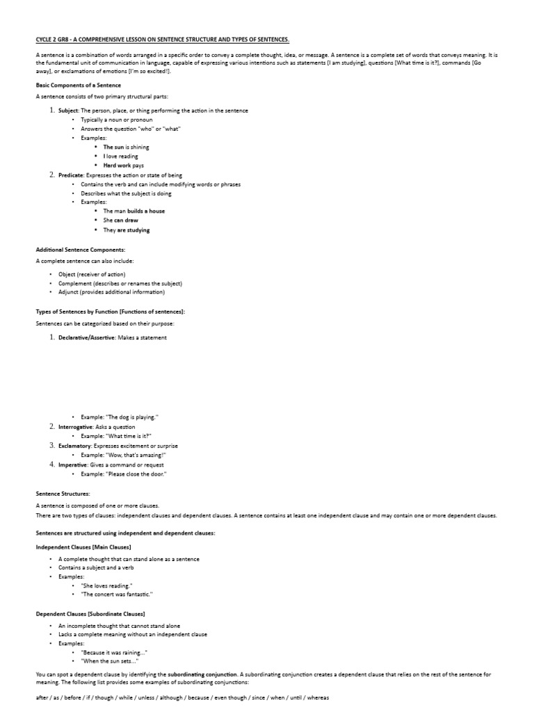 Cycle 2 Gr8-A Comprehensive Lesson On Sentence Structure and Types of Sentences | PDF | Sentence ...